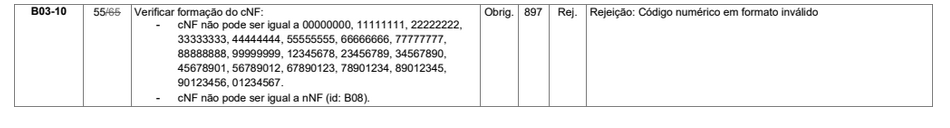 897 - Rejeição: Código numérico em formato inválido